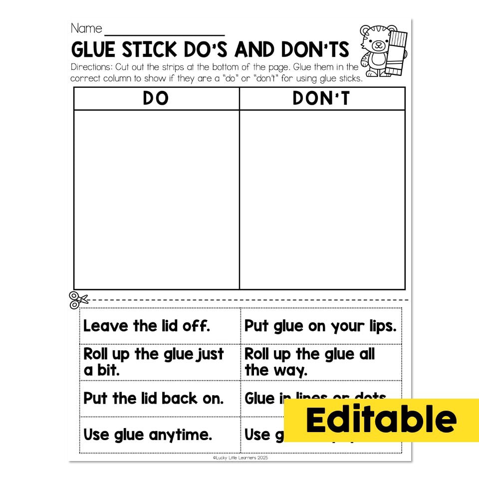 Editable School Supplies Practice - Glue Sticks - Do's and Don'ts Sort ...