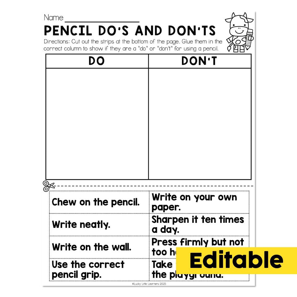 Editable School Supplies Practice - Pencils - Do's and Don'ts Sort ...
