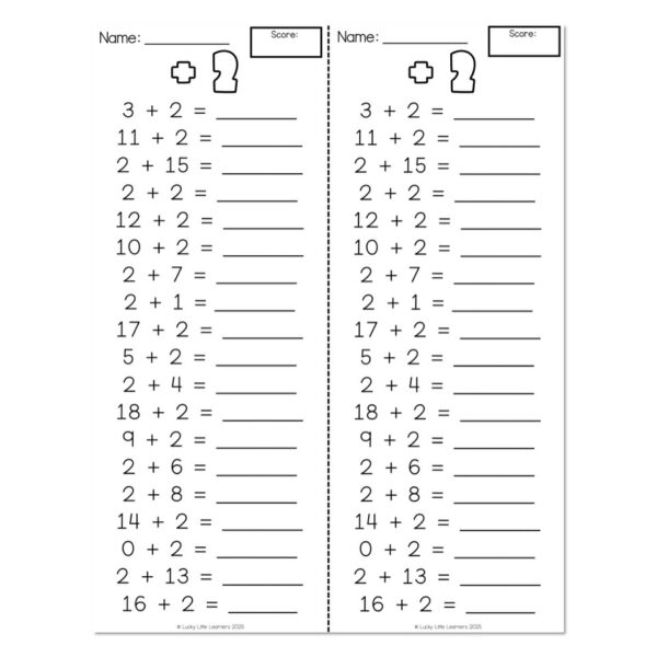 Fact Fluency Timed Tests - Addition - Plus 2 - Lucky Little Learners
