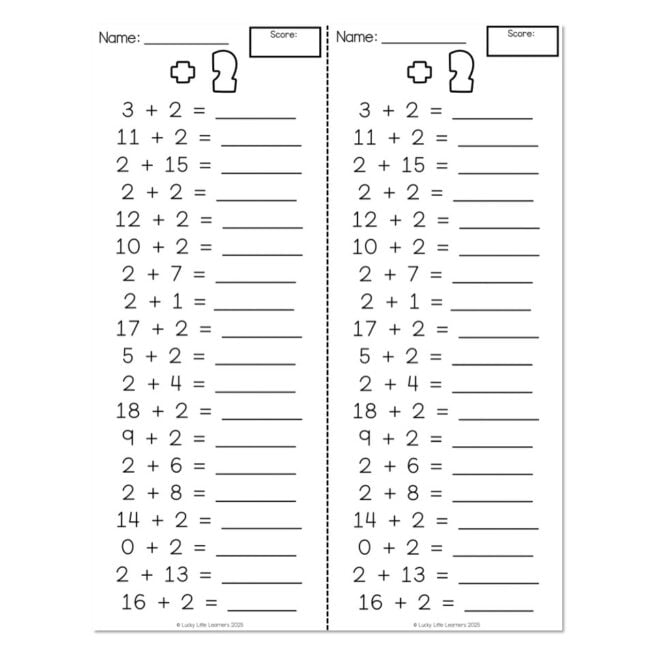 Fact Fluency Timed Tests - Addition - Plus 2 - Lucky Little Learners
