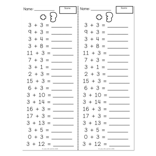 Fact Fluency Timed Tests - Addition - Plus 3 - Lucky Little Learners