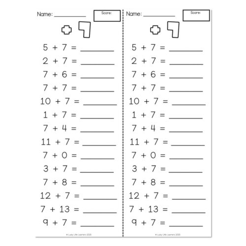 Fact Fluency Timed Tests - Addition - Plus 7 - Lucky Little Learners