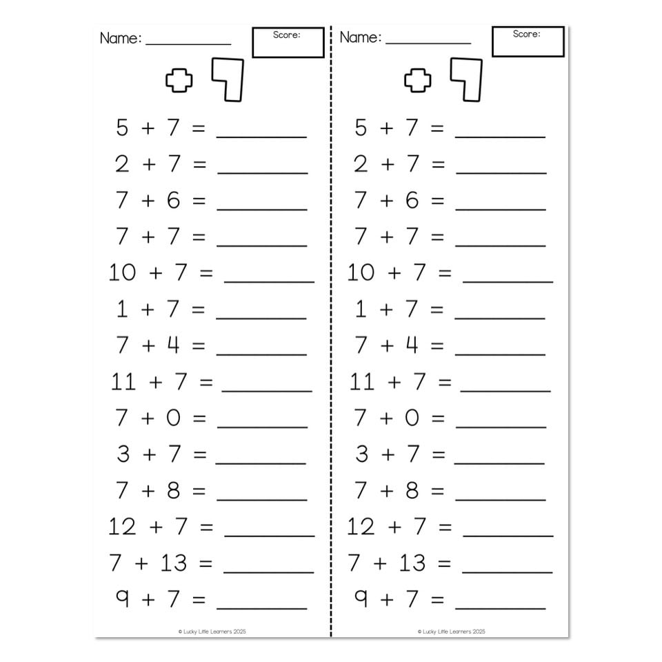 Fact Fluency Timed Tests - Addition - Plus 7 - Lucky Little Learners