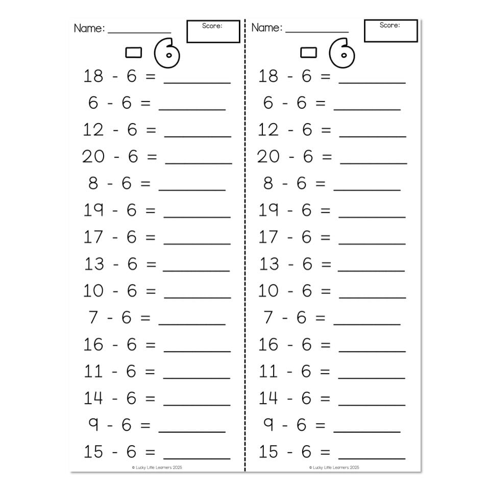 Fact Fluency Timed Tests - Subtraction - Minus 6 - Lucky Little Learners
