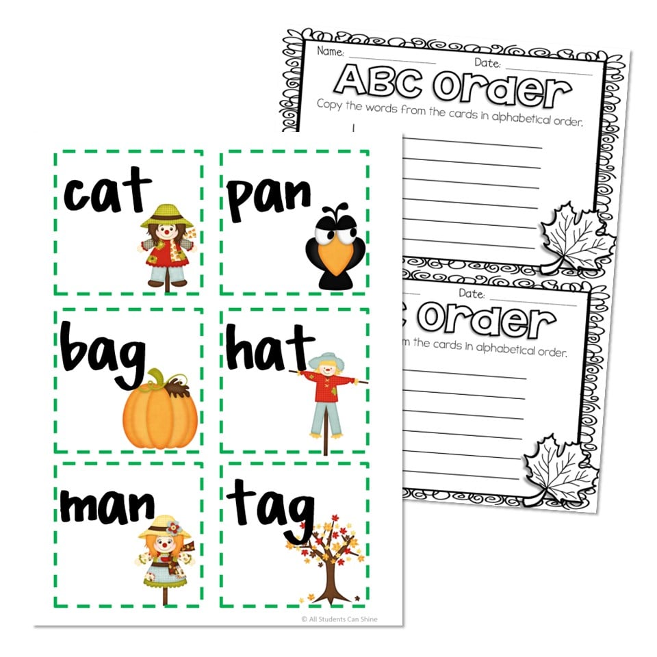 Fall Literacy Activities - ABC Order - Words - Lucky Little Learners