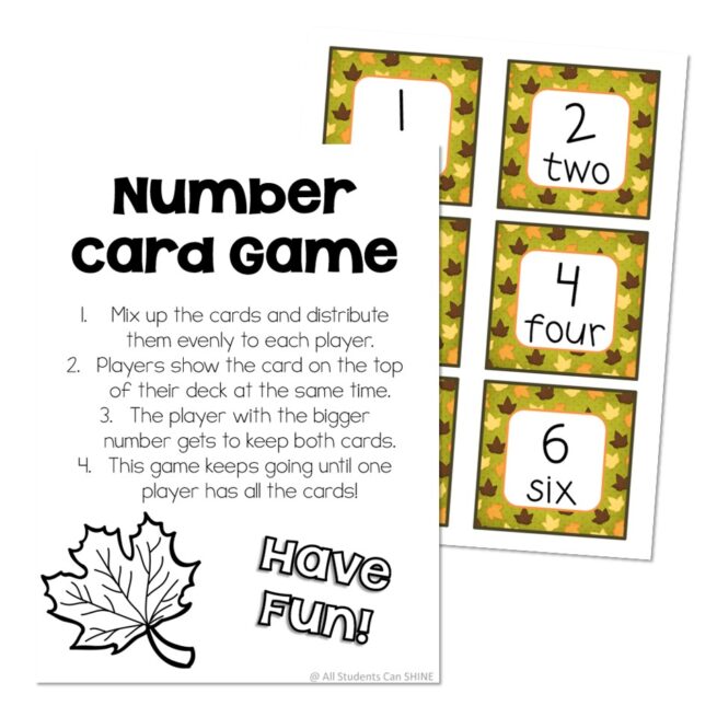Fall Math Activities - Number Card Game - Lucky Little Learners