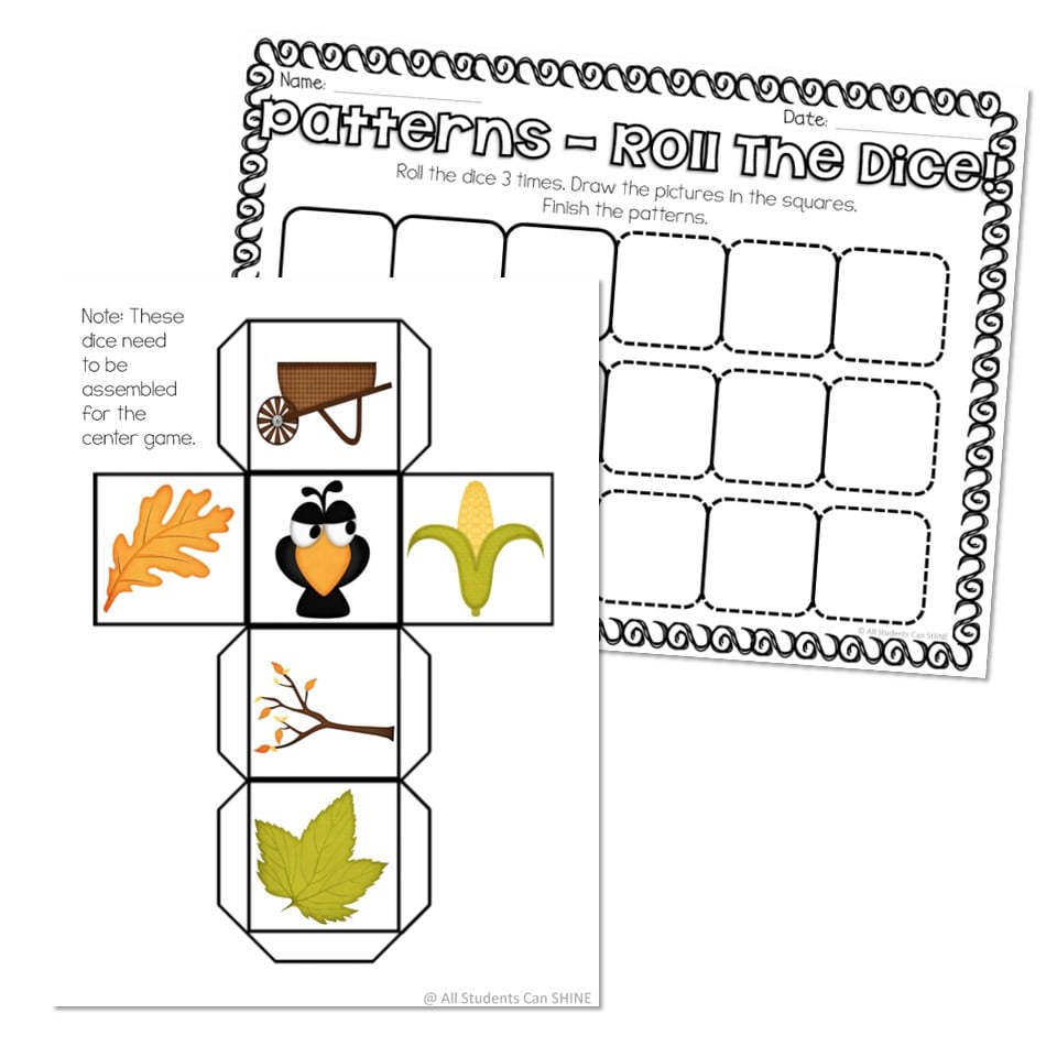 Fall Math Activities - Patterns Roll the Dice - Lucky Little Learners
