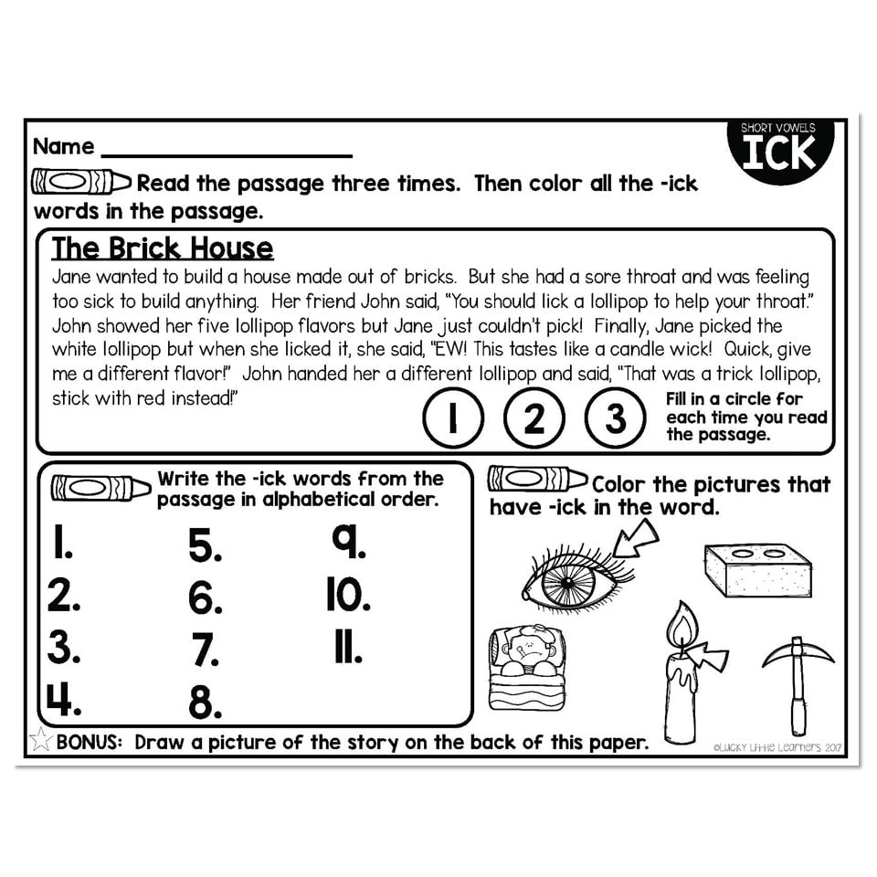 ICK - Short Vowels Phonics Mats 2nd Grade - Lucky Little Learners