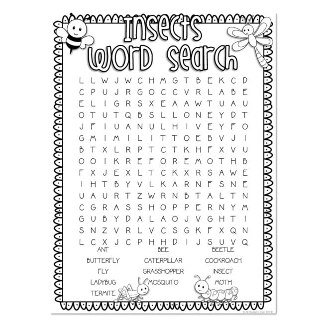 Insects Unit - Word Search - Lucky Little Learners