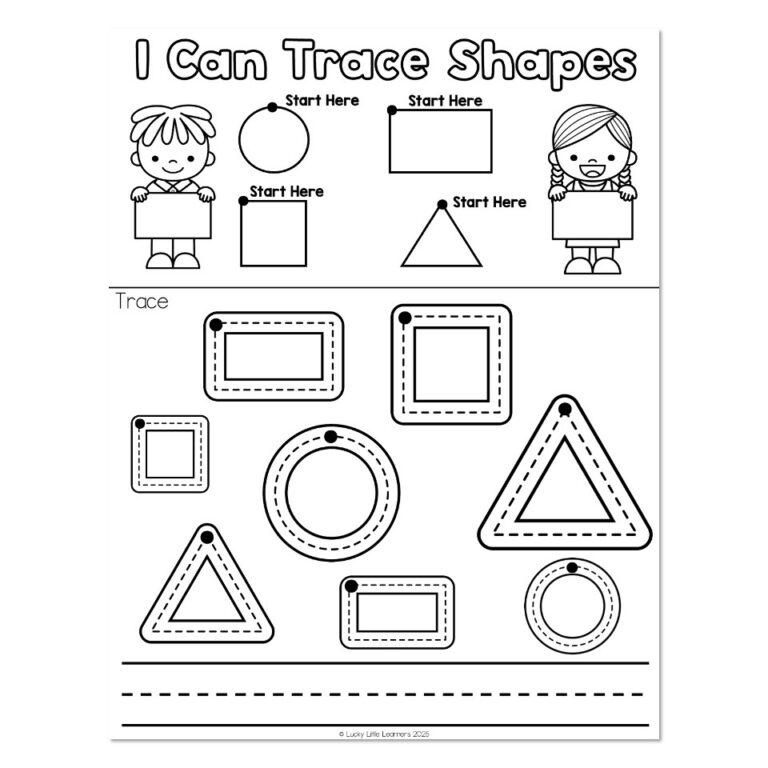 Kindergarten Back to School Pack - Math - I Can Trace a Shapes - Lucky ...
