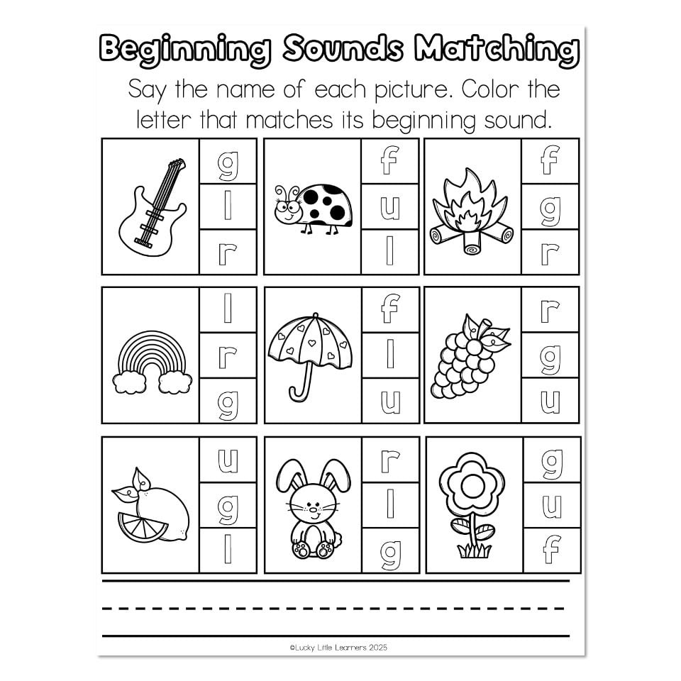 Kindergarten Back to School Pack - Reading - Beginning Sounds Matching ...