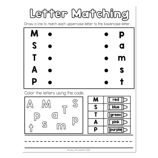 Kindergarten Back to School Pack - Reading - Letter Matching M S A T P ...