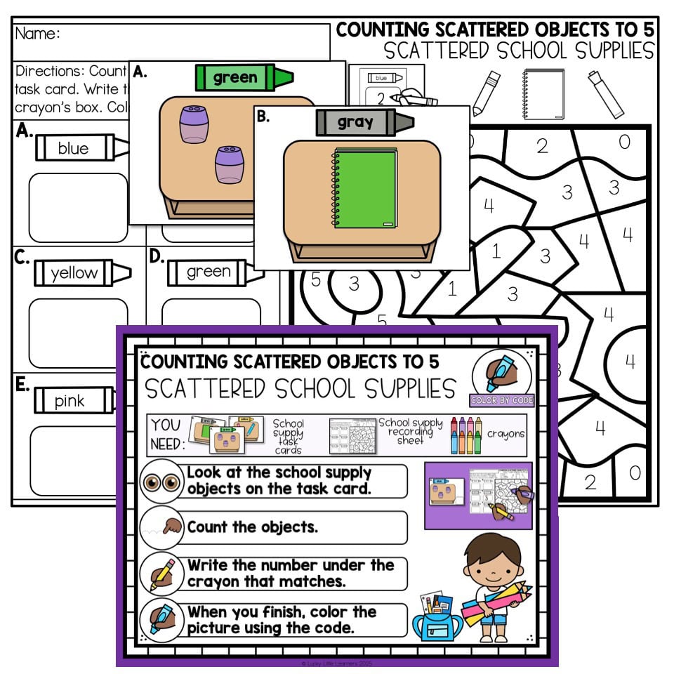Kindergarten Math Center - August - Counting Scattered Objects to 5 ...
