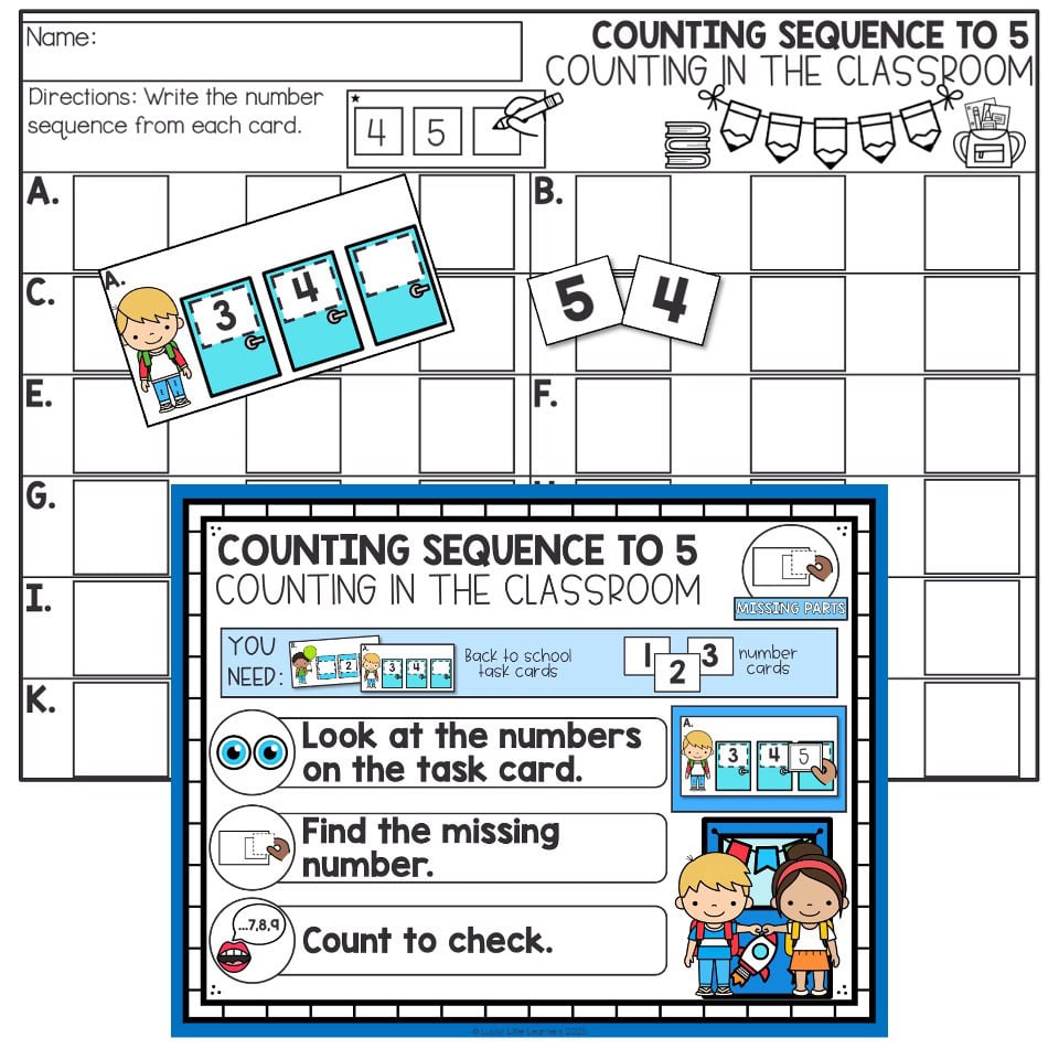 Kindergarten Math Center- August - Counting Sequence to 5 - Counting in ...