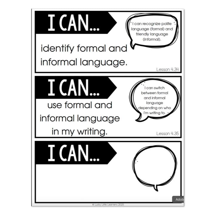 LTLW Unit 4 Grammar I Can Statements Set 10 - Lucky Little Learners
