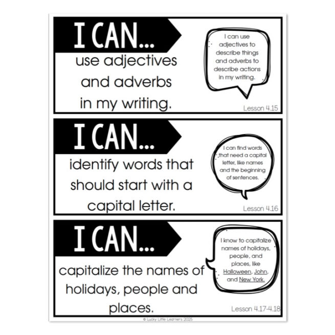 LTLW Unit 4 Grammar I Can Statements Set 5 - Lucky Little Learners