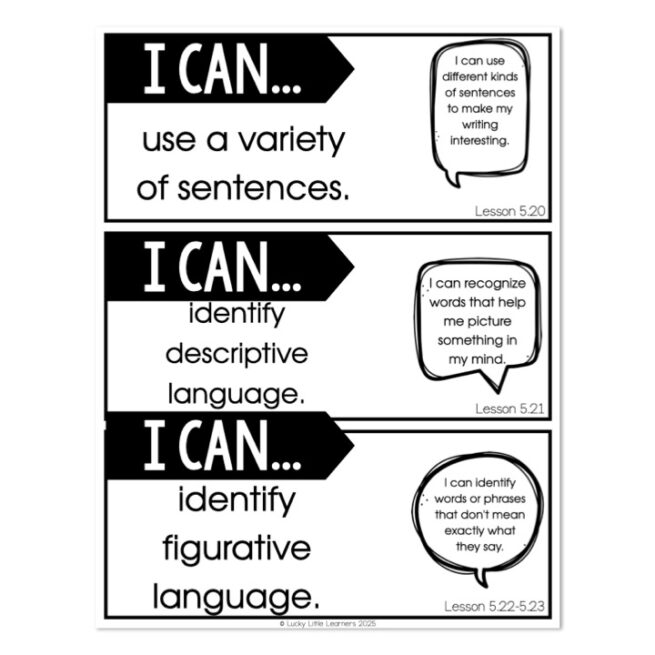LTLW Unit 5 Grammar I Can Statements Set 7 - Lucky Little Learners