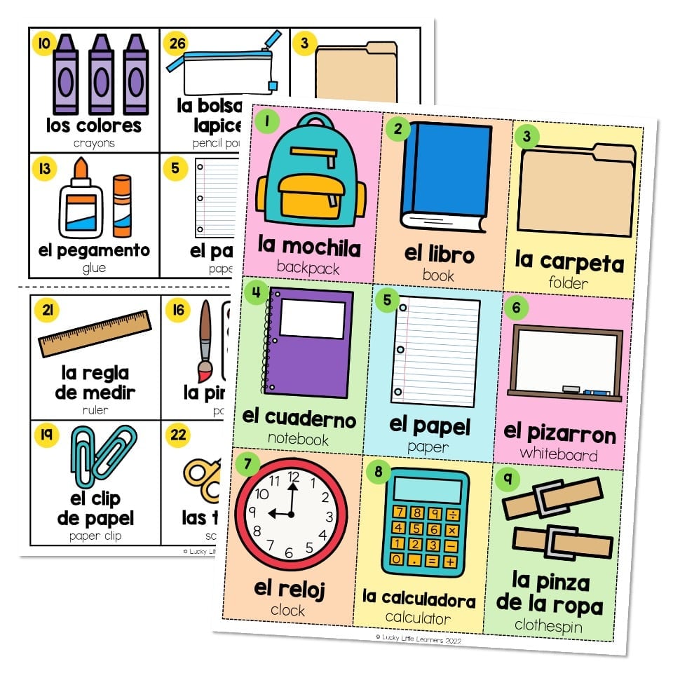 Loteria - Spanish Vocabulary - School Edition - Lucky Little Learners