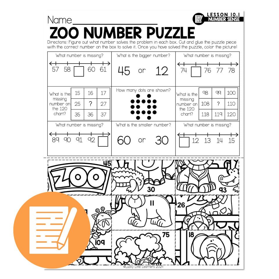 Lucky to Learn Math - 1st Grade - Lesson 10.1 - Number Sense Review - Independent Practice - Zoo ...