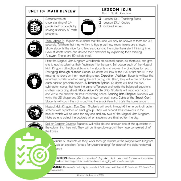 Lucky to Learn Math - 1st Grade - Lesson 10.14 - Math Skill Review ...