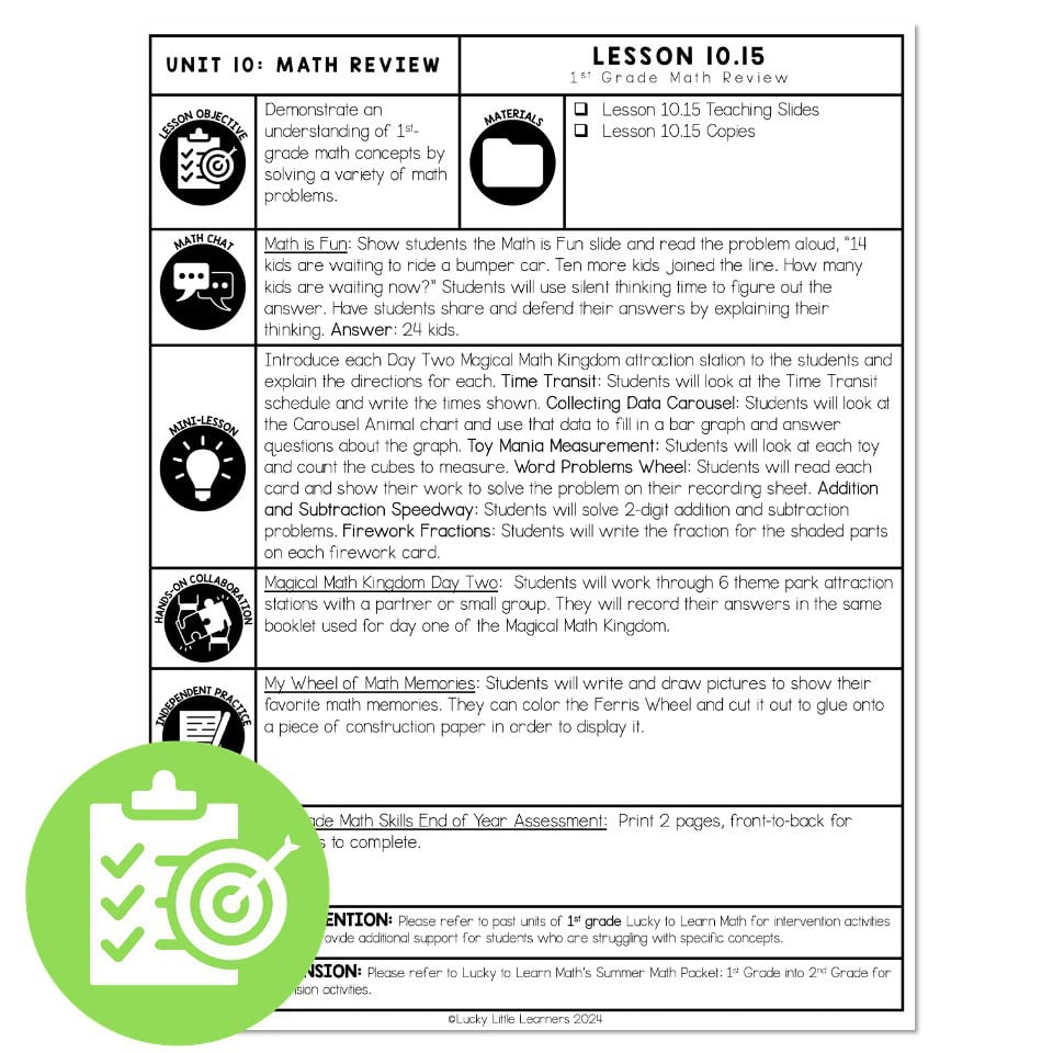 Lucky to Learn Math - 1st Grade - Lesson 10.15 - Math Skill Review - Lesson Plan - Lucky Little ...