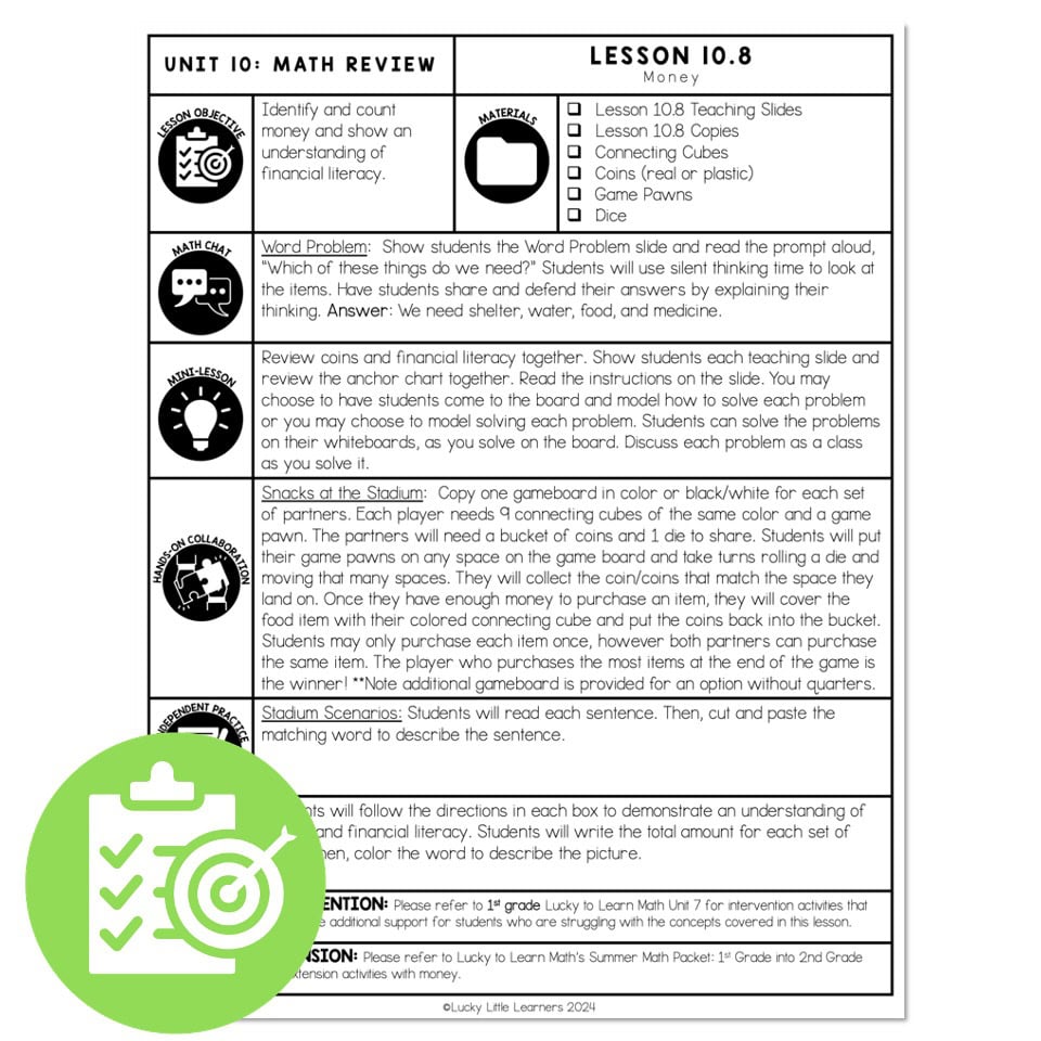 Lucky to Learn Math - 1st Grade - Lesson 10.8 - Money Review - Lesson ...