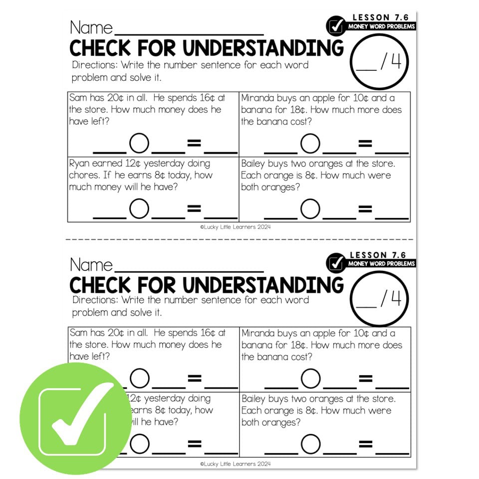 Lucky to Learn Math - 1st Grade - Lesson 7.6 - Money Word Problems up ...
