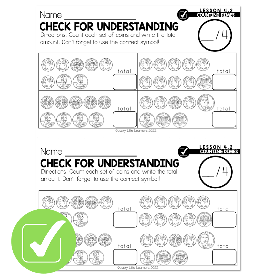 Lucky to Learn Math - Dimes - Lesson 4.2 - Check for Understanding ...