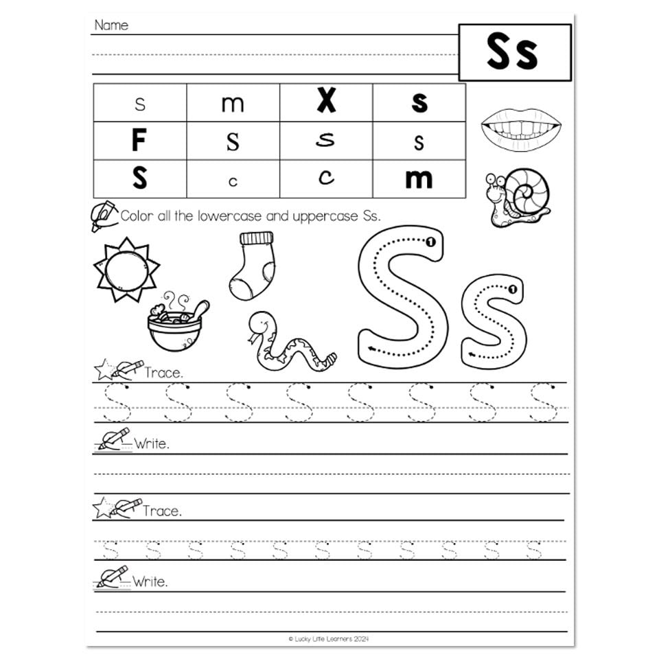 Lucky to Learn Phonics - Alphabet - Letter S - Worksheet - Lucky Little ...