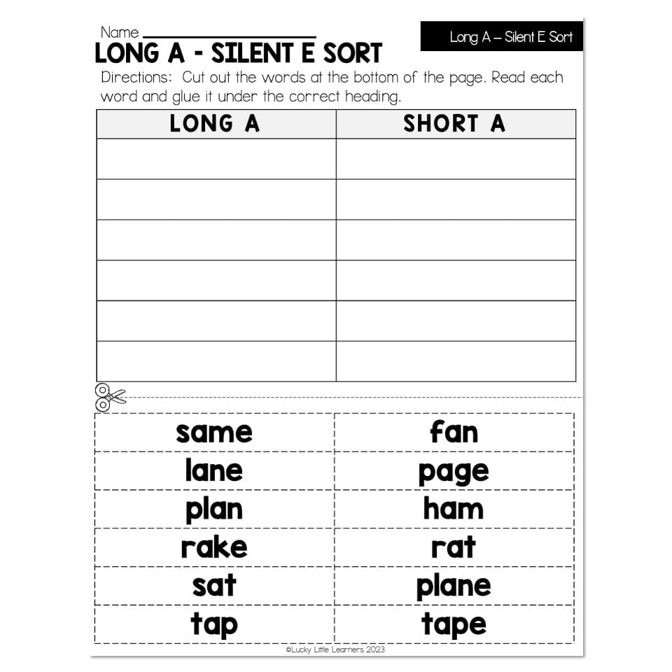 Lucky to Learn Phonics - Silent E - Long A - Word Sort - Lucky Little ...