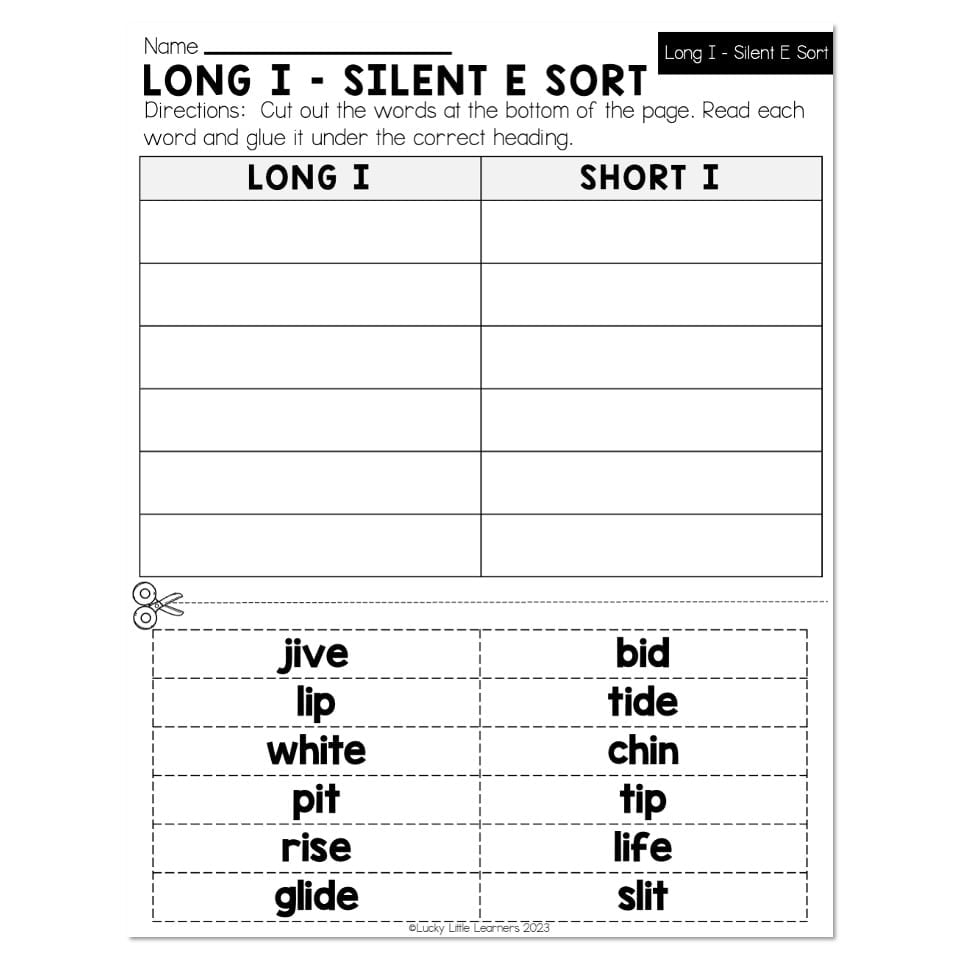 Lucky to Learn Phonics - Silent E - Long I - Word Sort - Lucky Little ...
