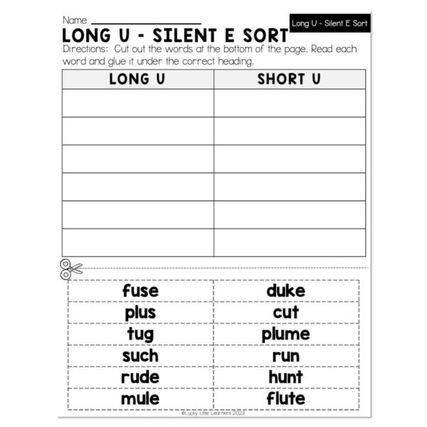 Lucky to Learn Phonics - Silent E - Long U - Word Sort - Lucky Little ...