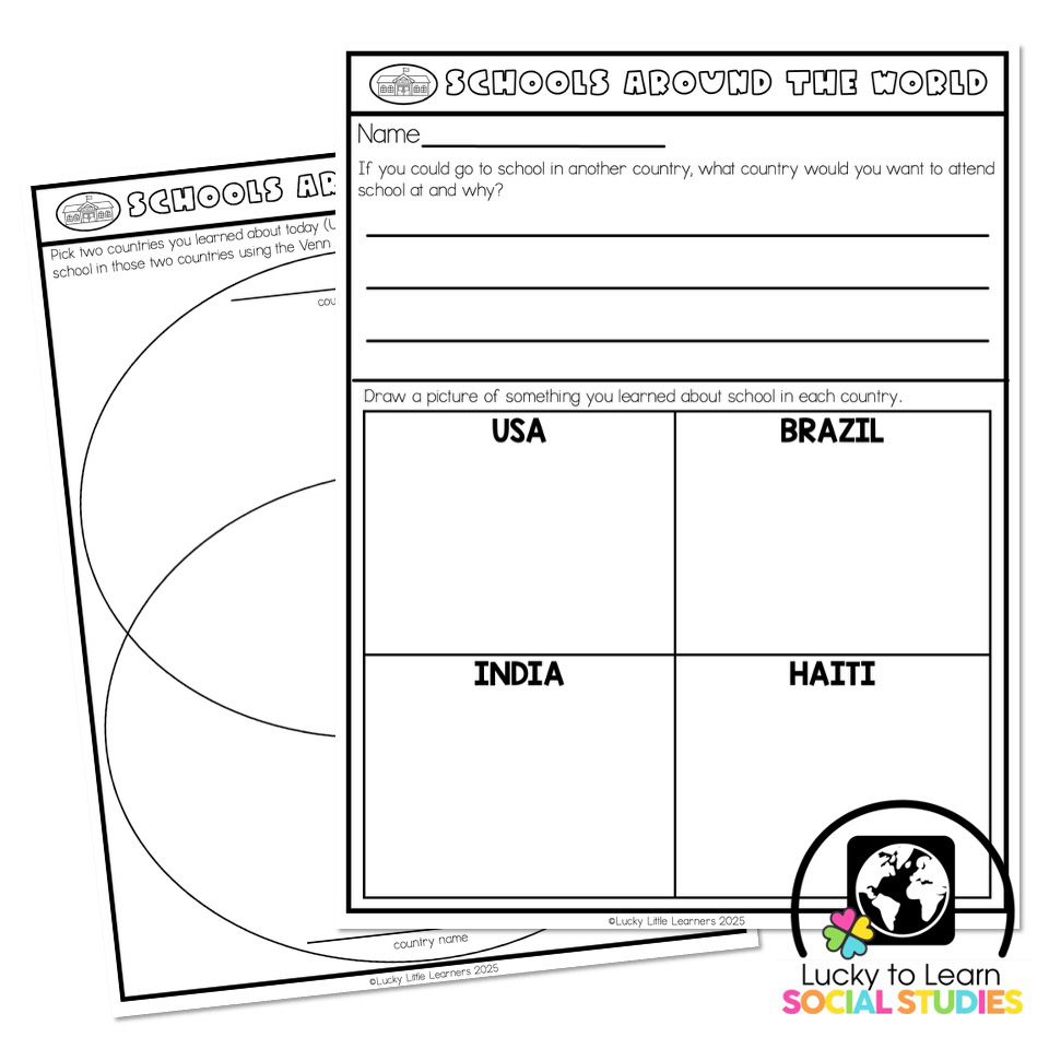 Lucky to Learn Social Studies - Schools Around the World - One-Pager - Lucky Little Learners