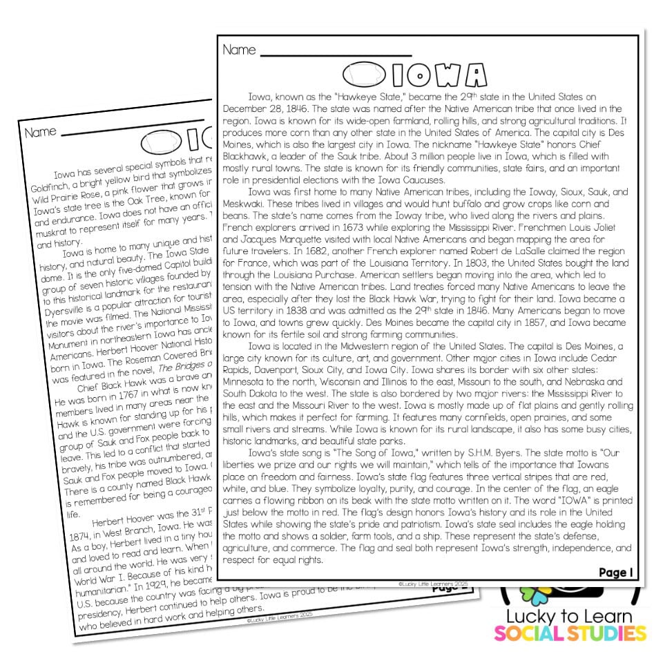 Lucky to Learn Social Studies - US States - Iowa - Reading Passage ...