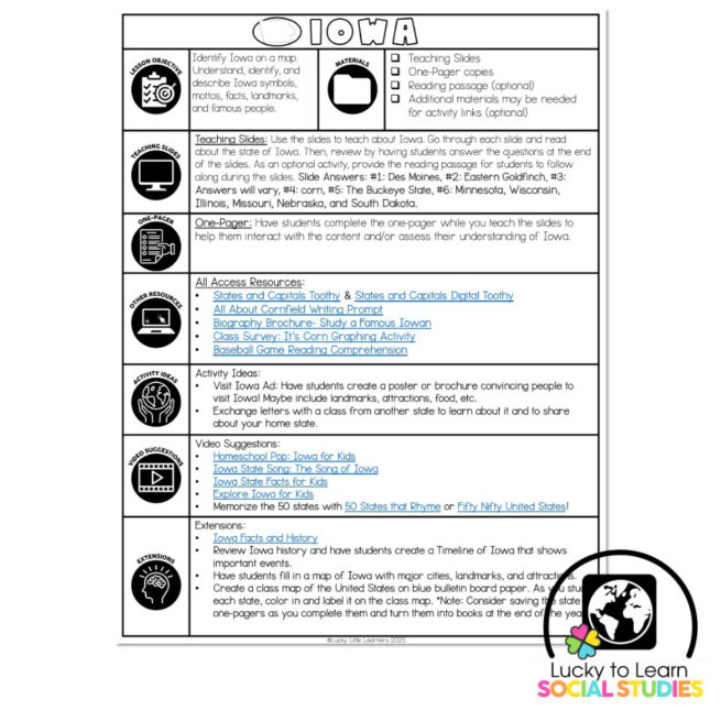 Lucky to Learn Social Studies - US States - Iowa - Teacher's Guide ...