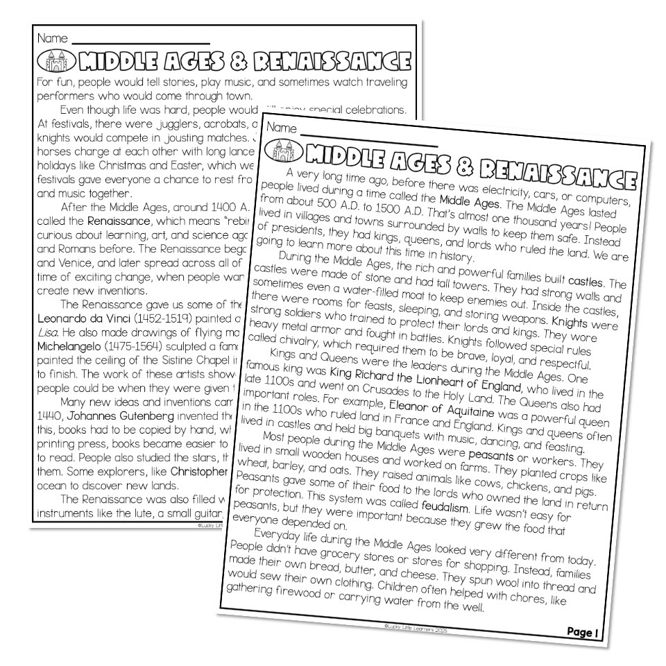 Lucky to Learn Social Studies - Middle Ages & Renaissance - Reading ...