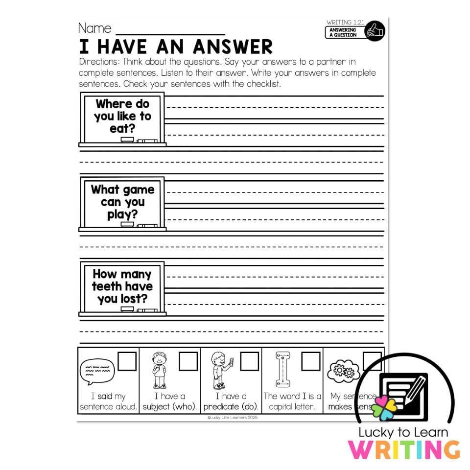 Lucky to Learn Writing 1st Grade - Unit 1 Writing Foundations - Writing ...