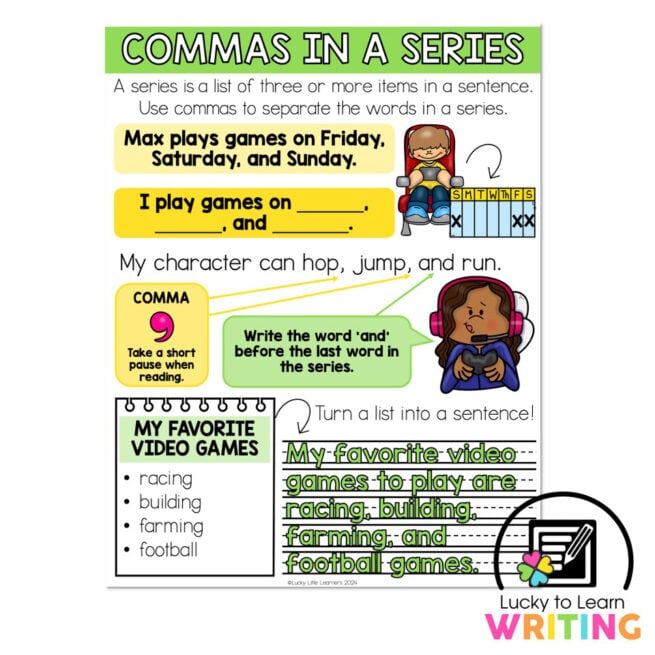 Lucky to Learn Writing - Unit 2 Narrative - Anchor Chart - Commas in a ...