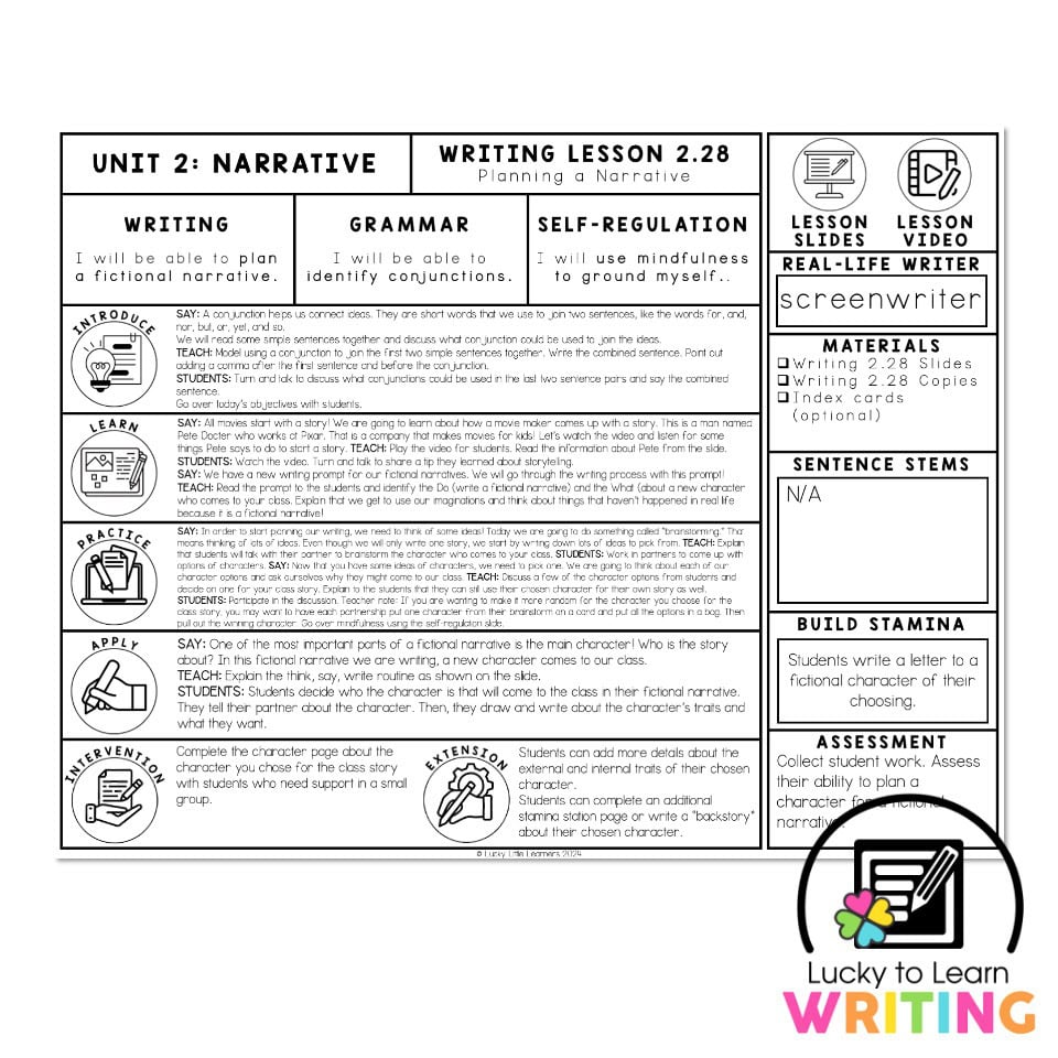 Lucky to Learn Writing - Unit 2 Narrative - Writing 2.28 - Planning a ...