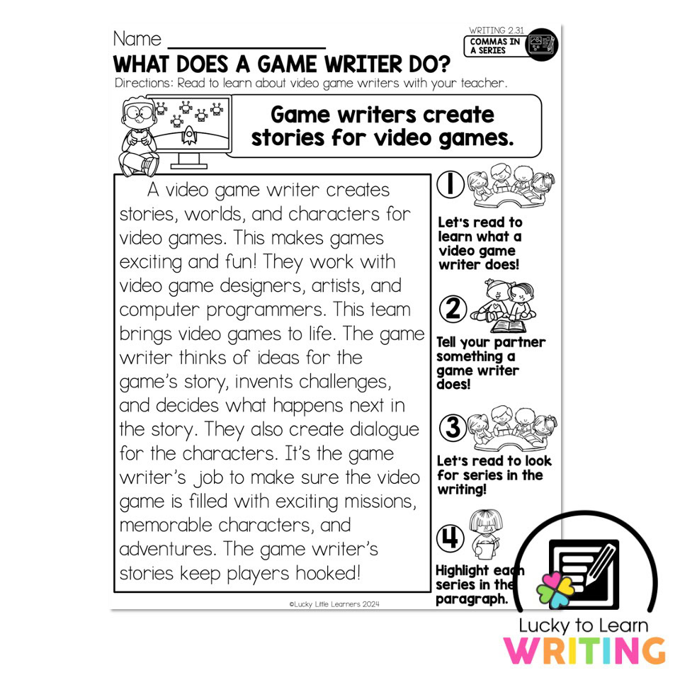 Lucky to Learn Writing - Unit 2 Narrative - Writing 2.31 - Commas in a ...