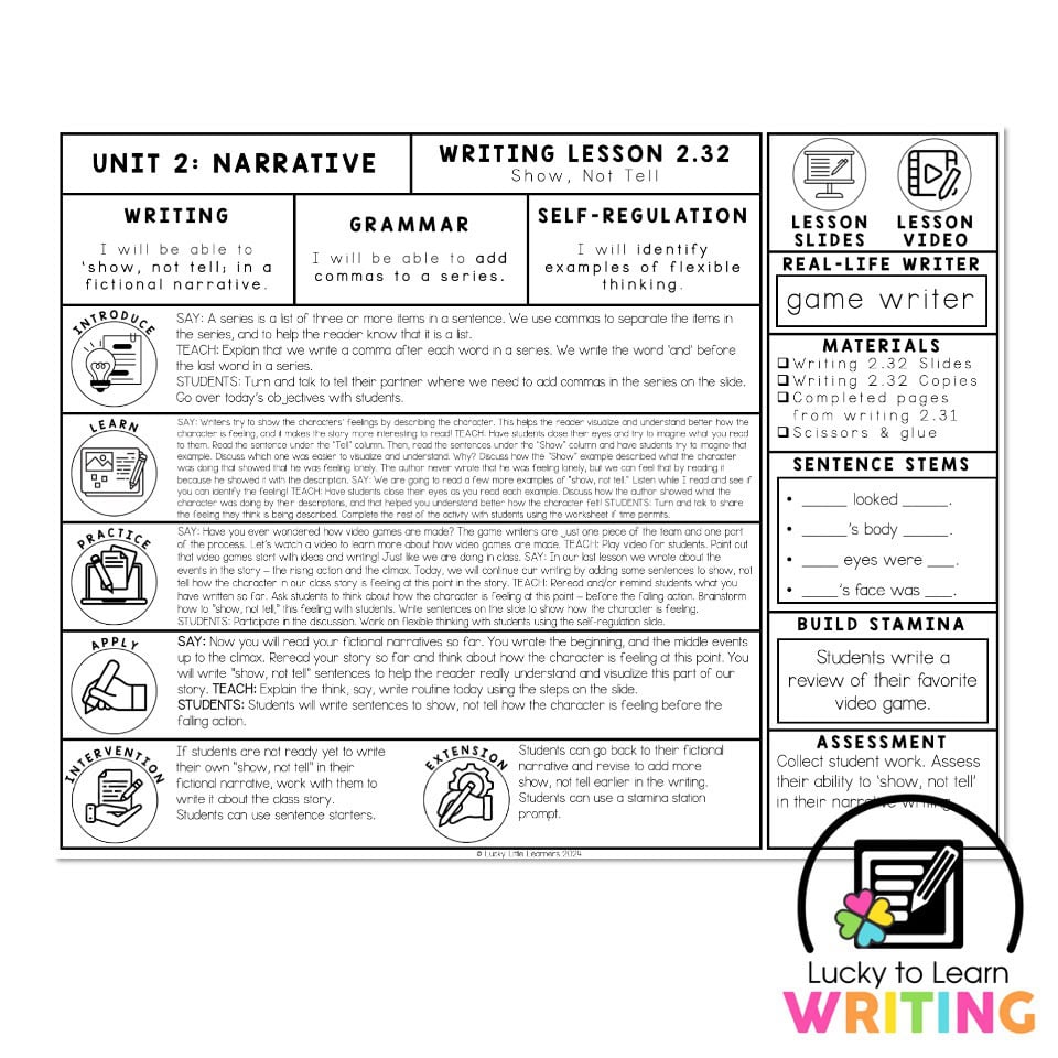 Lucky to Learn Writing - Unit 2 Narrative - Writing 2.32 - Show Not ...