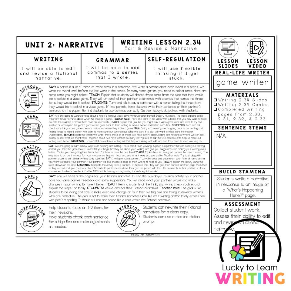 Lucky to Learn Writing - Unit 2 Narrative - Writing 2.34 - Edit and ...