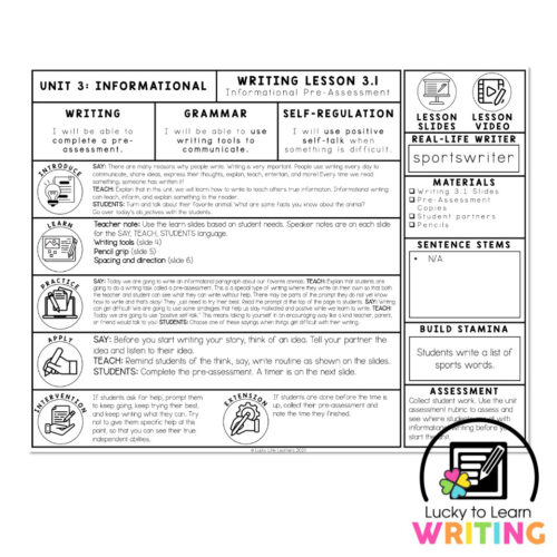 Lucky to Learn Writing - Unit 3 Informational - Writing 3.1 - Pre ...
