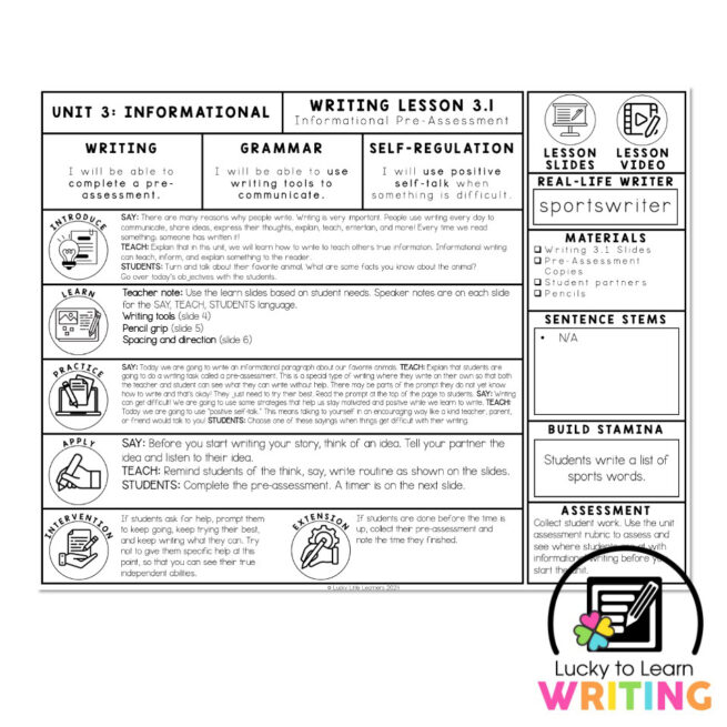 Lucky to Learn Writing - Unit 3 Informational - Writing 3.1 - Pre ...