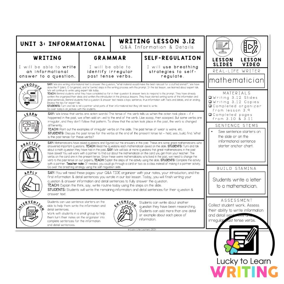 Lucky to Learn Writing - Unit 3 Informational - Writing 3.12 - Question and Answer Information ...