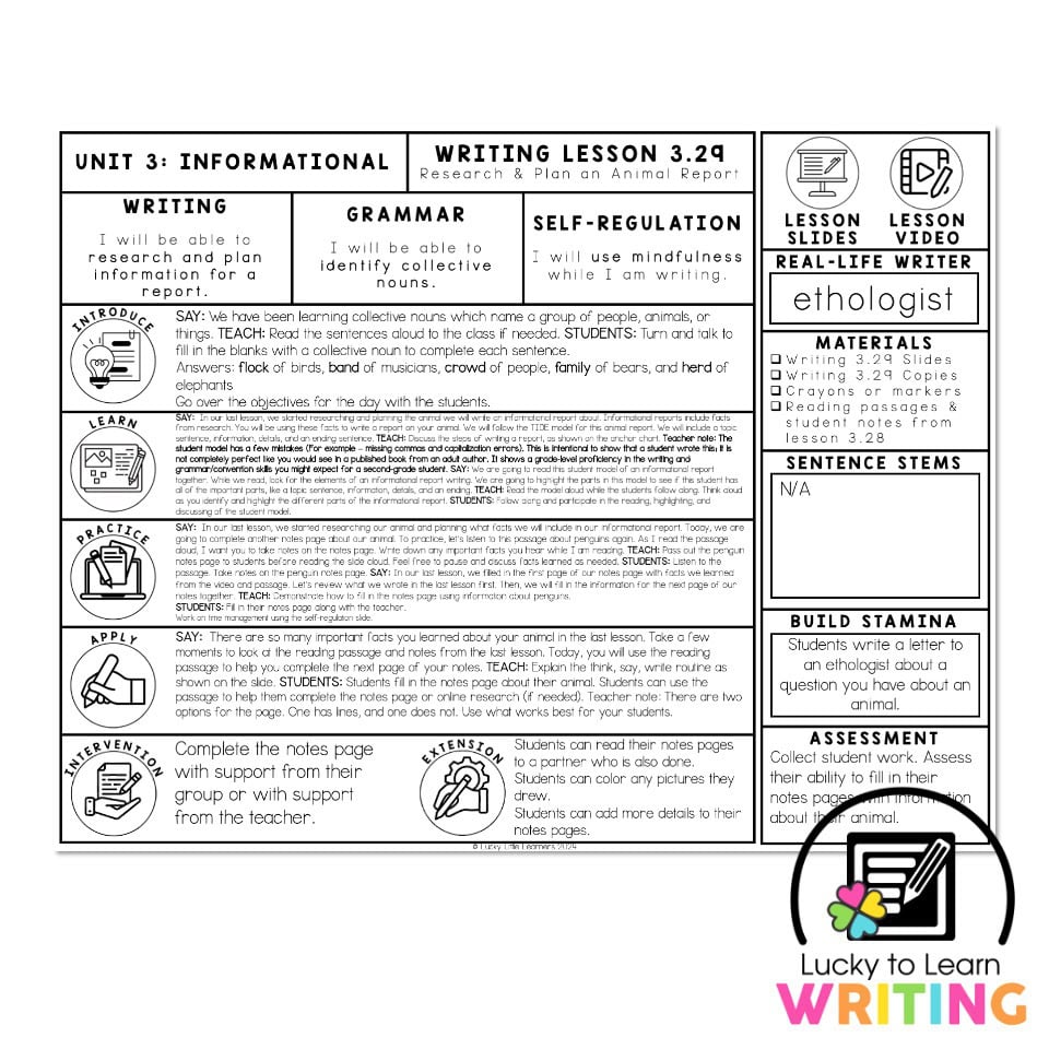 Lucky to Learn Writing - Unit 3 Informational - Writing 3.29 - Animal ...