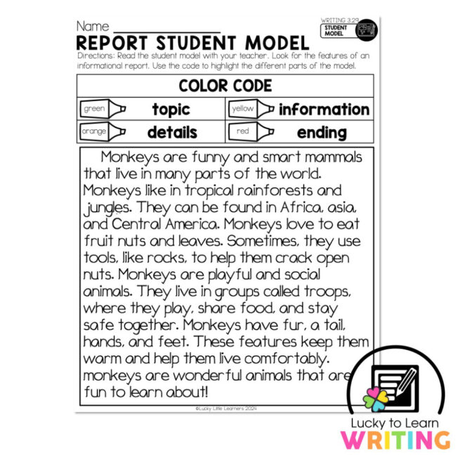 Lucky to Learn Writing - Unit 3 Informational - Writing 3.29 - Animal ...