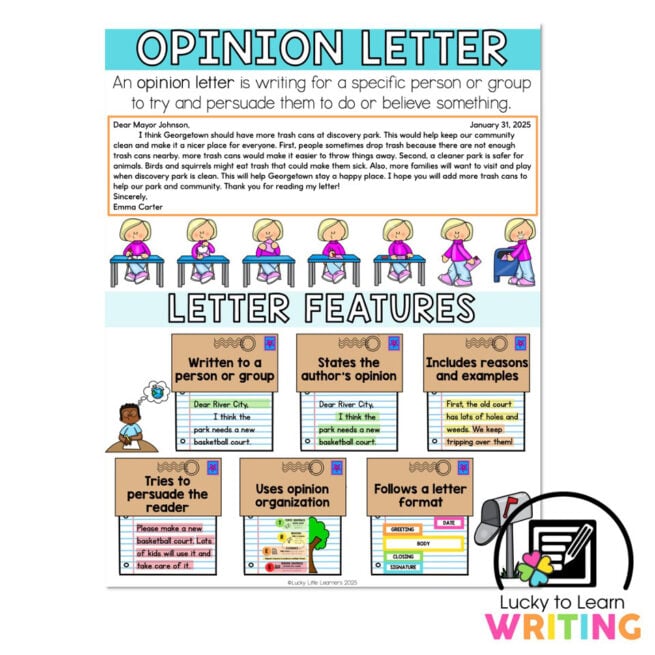 Lucky to Learn Writing - Unit 4 Opinion - Anchor Chart - Opinion Letter ...