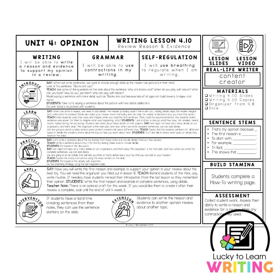 Lucky to Learn Writing - Unit 4 Opinion - Writing 4.10 - Review Reason ...