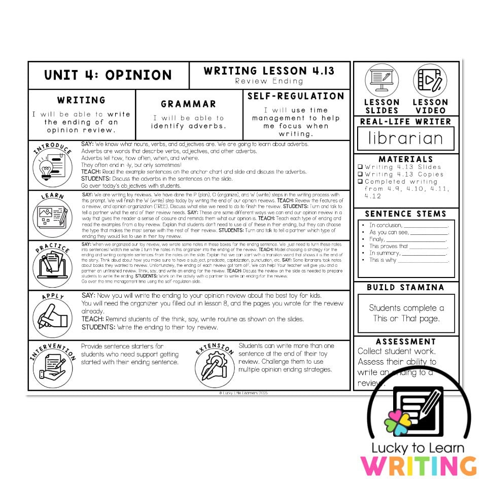 Lucky to Learn Writing - Unit 4 Opinion - Writing 4.13 - Review Ending ...